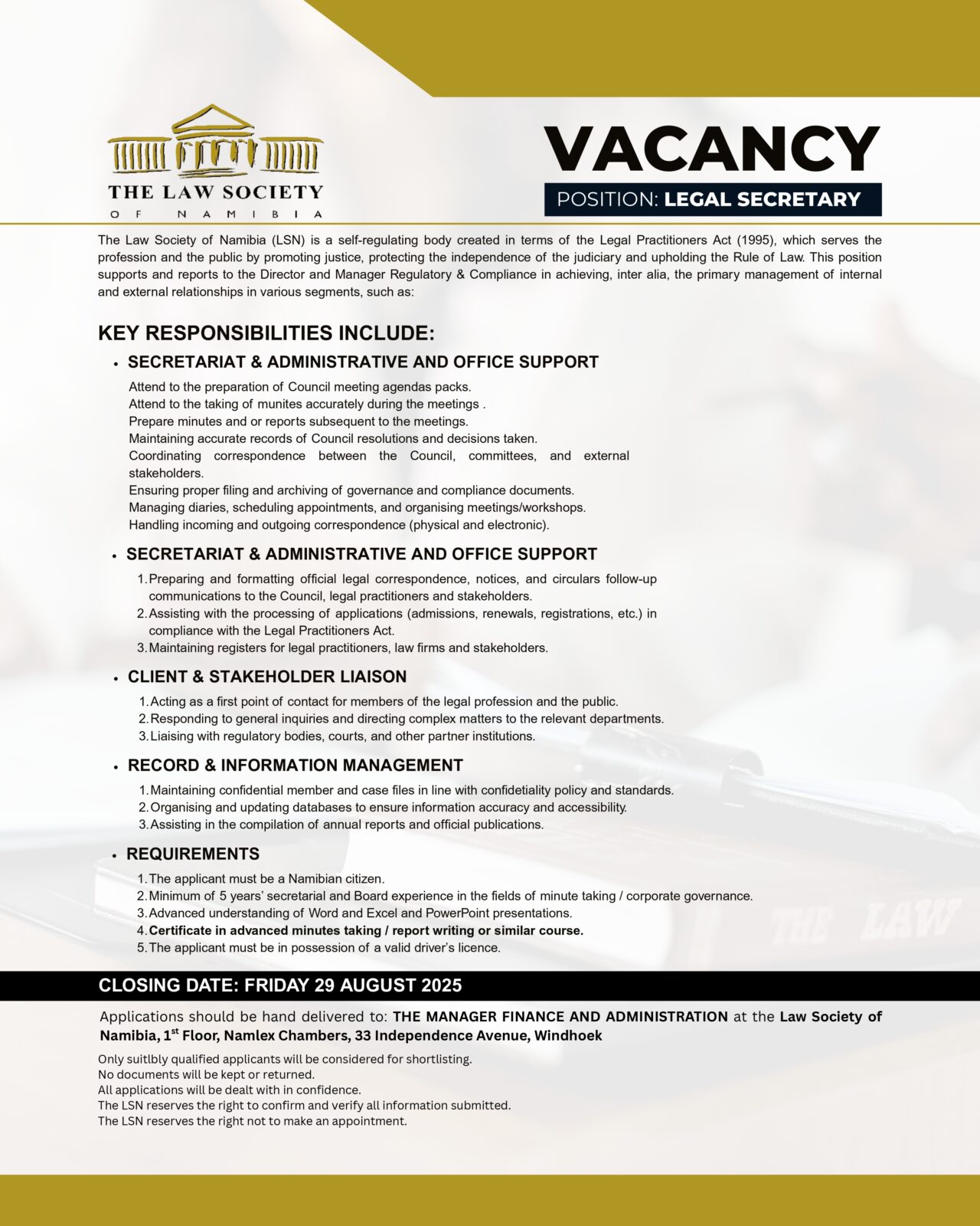 Vacancy – Legal Secretary | LSN